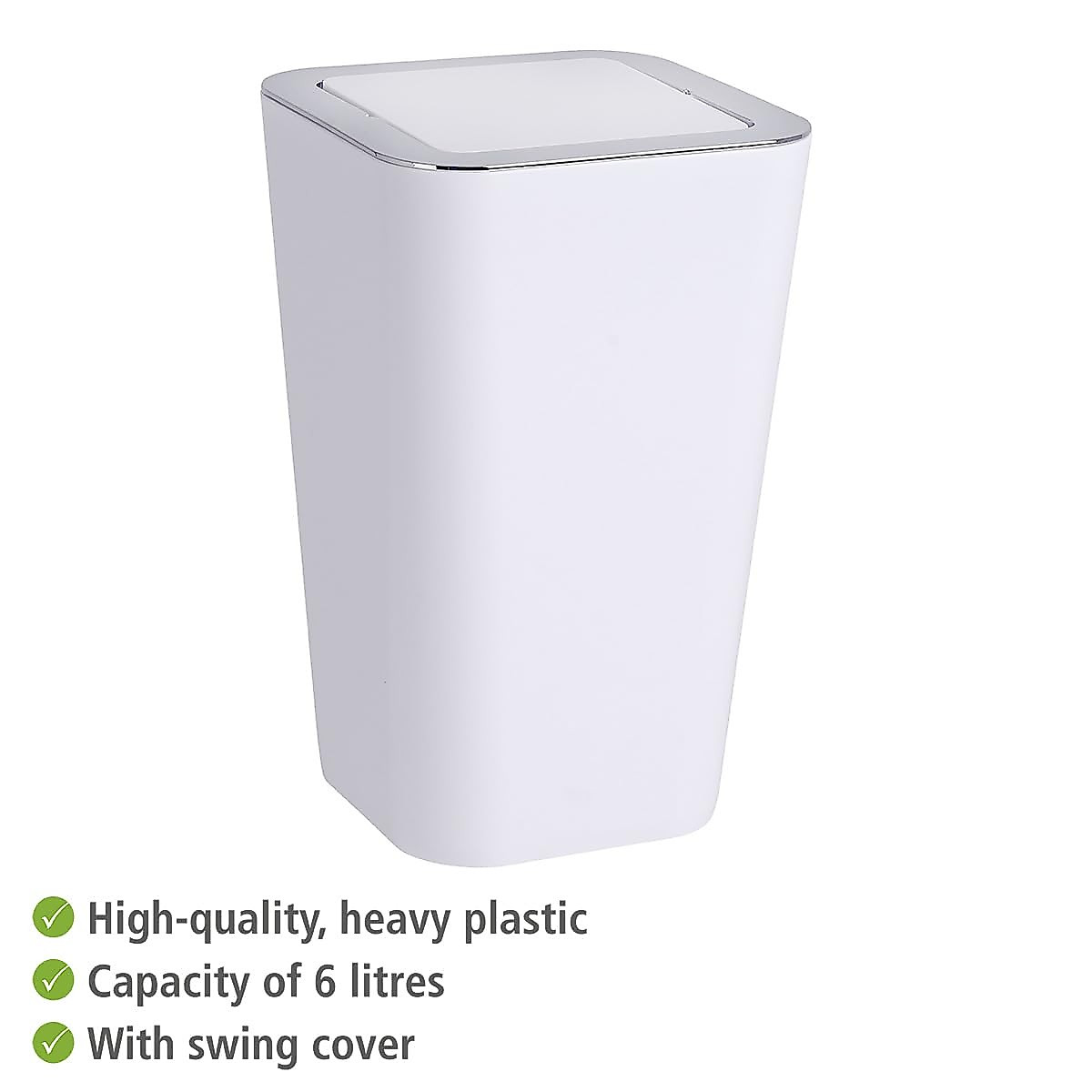 WENKO Small Trash Can with Swing Top Lid, Mini Waste Basket, Stylish Garbage Bin for Bathroom, Bedroom, Kitchen, 1.6 Gallon, 7.1 x 11.2 x 7.1 in, White