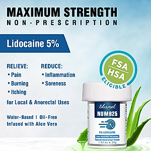 Ebanel 5% Lidocaine Numbing Cream, Pain Relief Burn Itch Numb Cream, Maximum Strength Numb25 Topical Anesthetic with Allantoin, Vitamin E for Local and Anorectal Uses, Hemorrhoid Treatment, 1.35 Oz