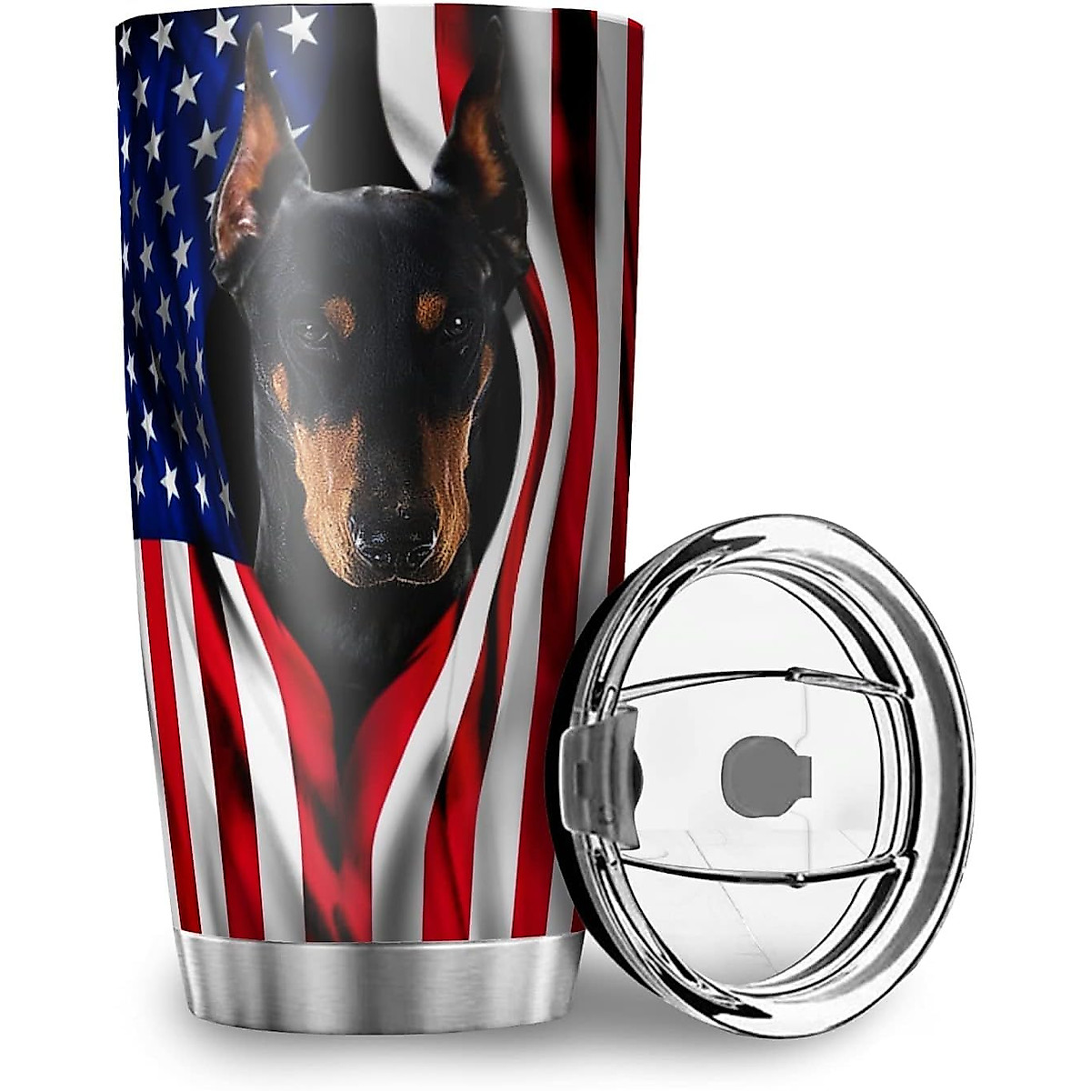 WmhrYpzhL Doberman Dog Travel Mug American Flag Coffee Mug Stainless Steel Insulated Tumbler For Ice Drinks＆Hot Beverage Gifts Doberman Dog