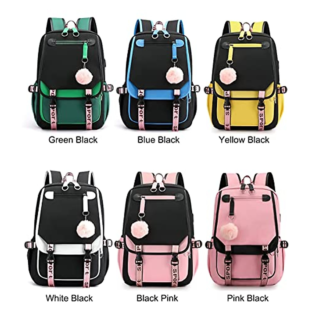 Rcuyyl Backpack Laptop bag School Bag Bookbag with Men Women USB Charging&Headphone Port Casual Daypack Outdoor Daypack (Black Pink,One Size)