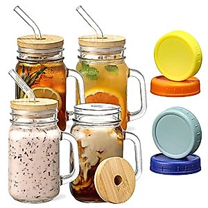 Mason Jars with Handle, Glass Mugs with Glass Straws and Bamboo Lids & Colorful Airtight Lids 4pcs Set - 16oz Old Fashioned Drinking Glass Cups, Reusable Travel Tumbler for Iced Coffee, Smoothie, Tea