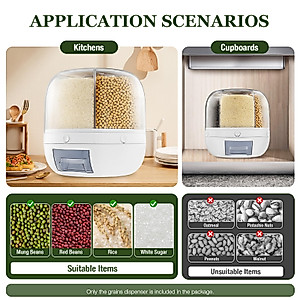 InnaMall Grains Storage Dispenser, 6 Grids Beans Container Storage with Sealed lid 13LBS Grain Container Distribution Bucket 360° Rotating Round Food Dispenser One-Click Output Rice Storage
