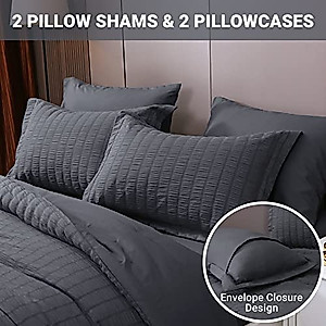 HYMOKEGE Queen Comforter Set Seersucker 7 Pieces, All Season Luxury Bed in a Bag for Bedroom, Bedding Set with Comforters, Sheets, Pillowcases & Shams, Dark Grey