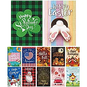 WATINC 12Pcs Seasonal Garden Flags Burlap Vertical Double Sided Happy Halloween Thanksgiving Merry Christmas Hello Spring Summer Fall Winter Party Decorations House Flag for Lawn Yard 12 x 18 Inch