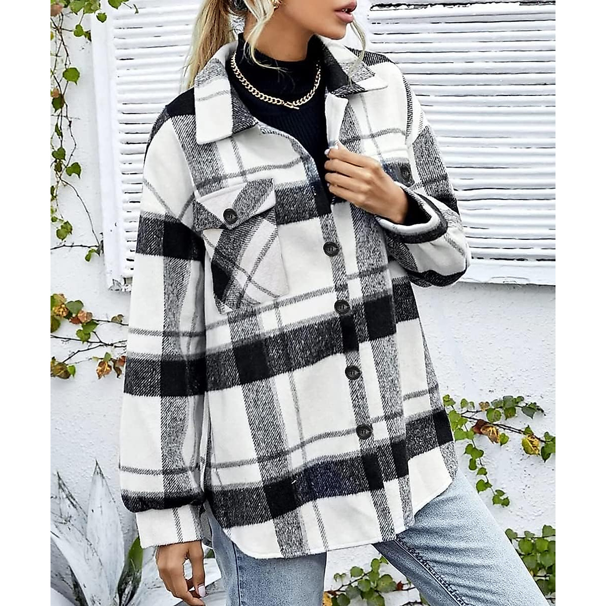 AUTOMET Womens Fall Outfits Fashion Clothes Shackets Flannel Plaid Button Down Long Sleeve Shirts Jackets Blackwhite L