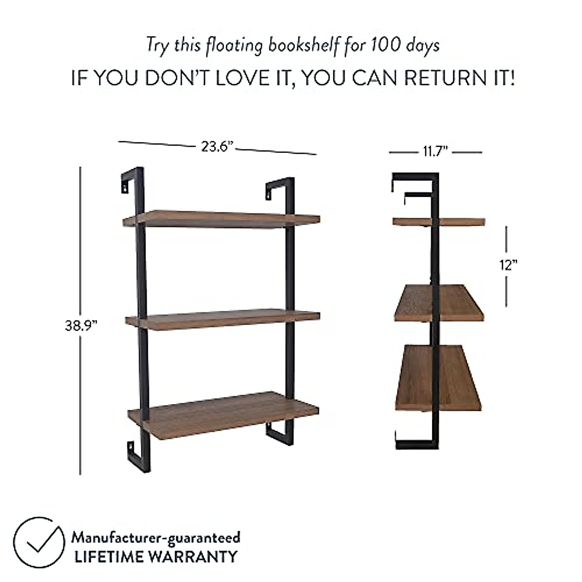 Nathan James Theo 3-Shelf Small Bookcase, Floating Wall Mount Bookshelf with Wood and Industrial Pipe/Metal Frame, Rustic Oak/Matte Black