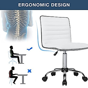 BOSSIN Adjustable Home Office Chair, Mid-Back Armless Ribbed Swivel Task Chair,Vanity Chair for Small Space, Living Room, Make-up, Studying (White)