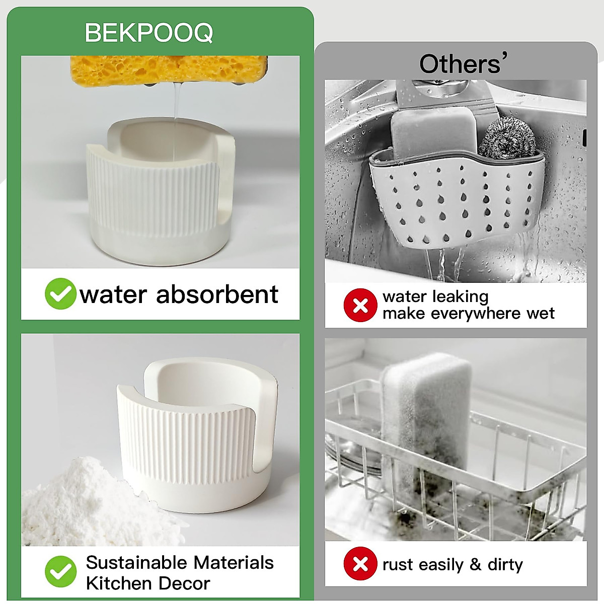 BekPooQ Ultra Absorbent Stone Sponge Holder for Kitchen Sink, 1 Slot Diatomite Kitchen Sink Sponge Holder, Quick Dry Kitchen Sponge Holder for Sink, Diatomaceous Earth Dish Sponge Holder, Small, White
