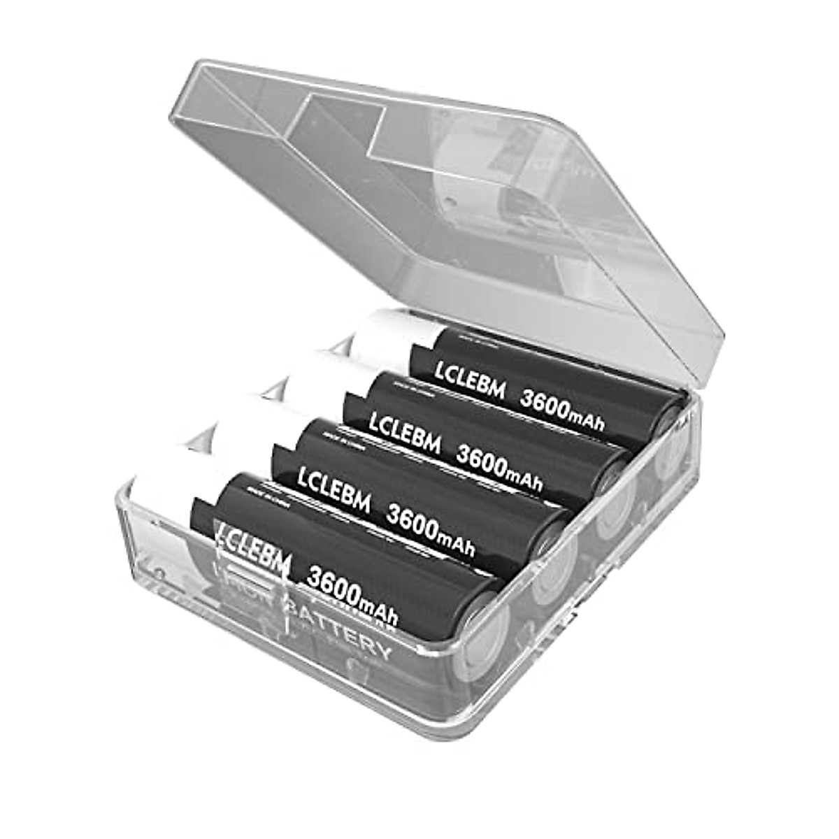 LCLEBM 4Pcs 3600mAh Flat Top 3.7V 30A Rechargeable Battery with 1 Bay USB Charger and Storage Holder Case for Fan Spotlight Flashlight,Camera and More