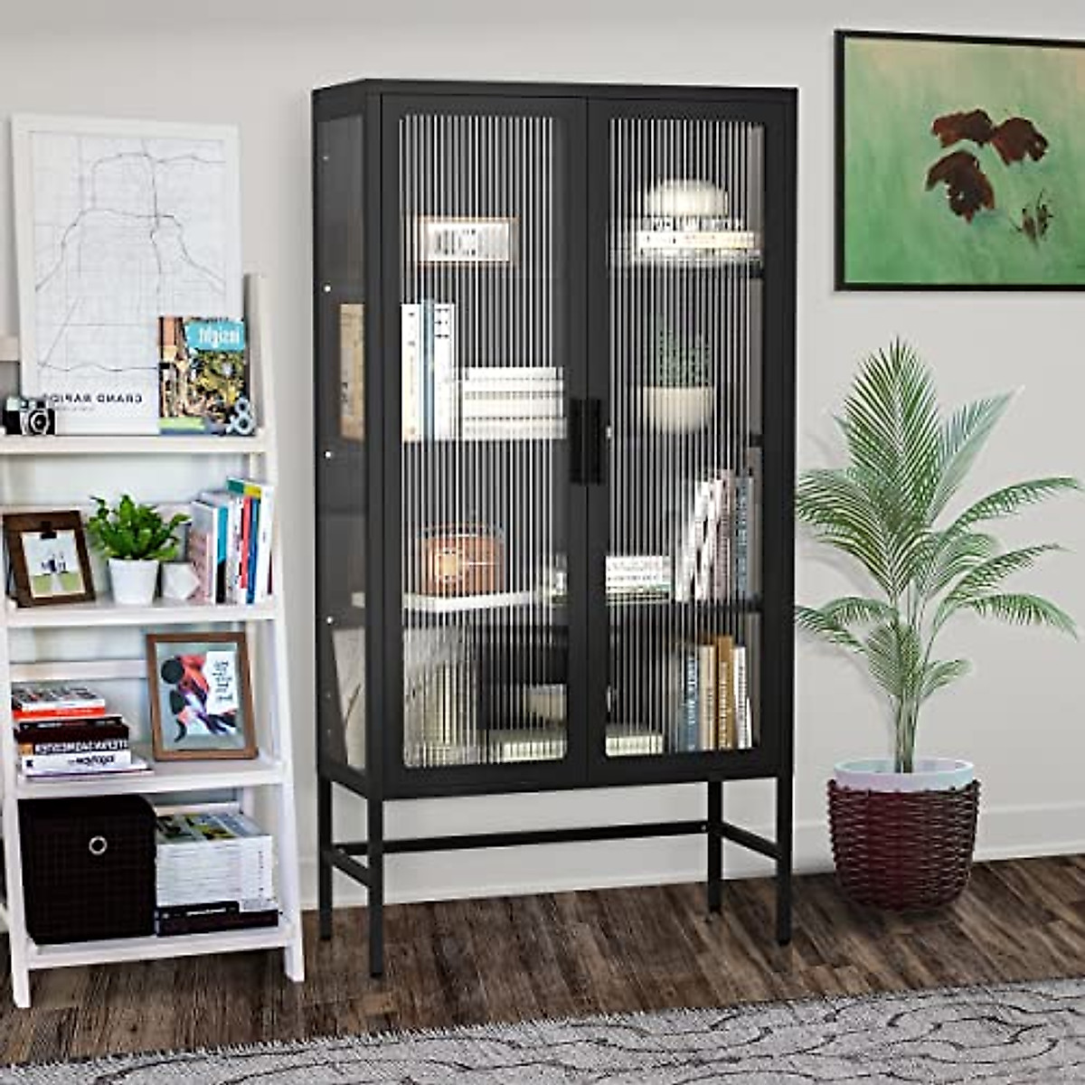 Prohonbec Double Fluted Glass Door Storage Cabinet with Adjustable Shelves, Tall Freestanding Display Sideboard Bookshelf Cupboard for Living Room, Kitchen, Office