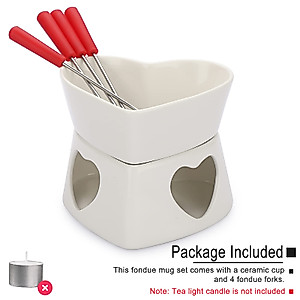 BSTKEY White Ceramic Butter Warmer Set, Heart Shaped Fondue Pot Melting Pot Set, Melt Hot Pot Bowl Set for Cheese Chocolate Butter Caramel, with 4 Forks