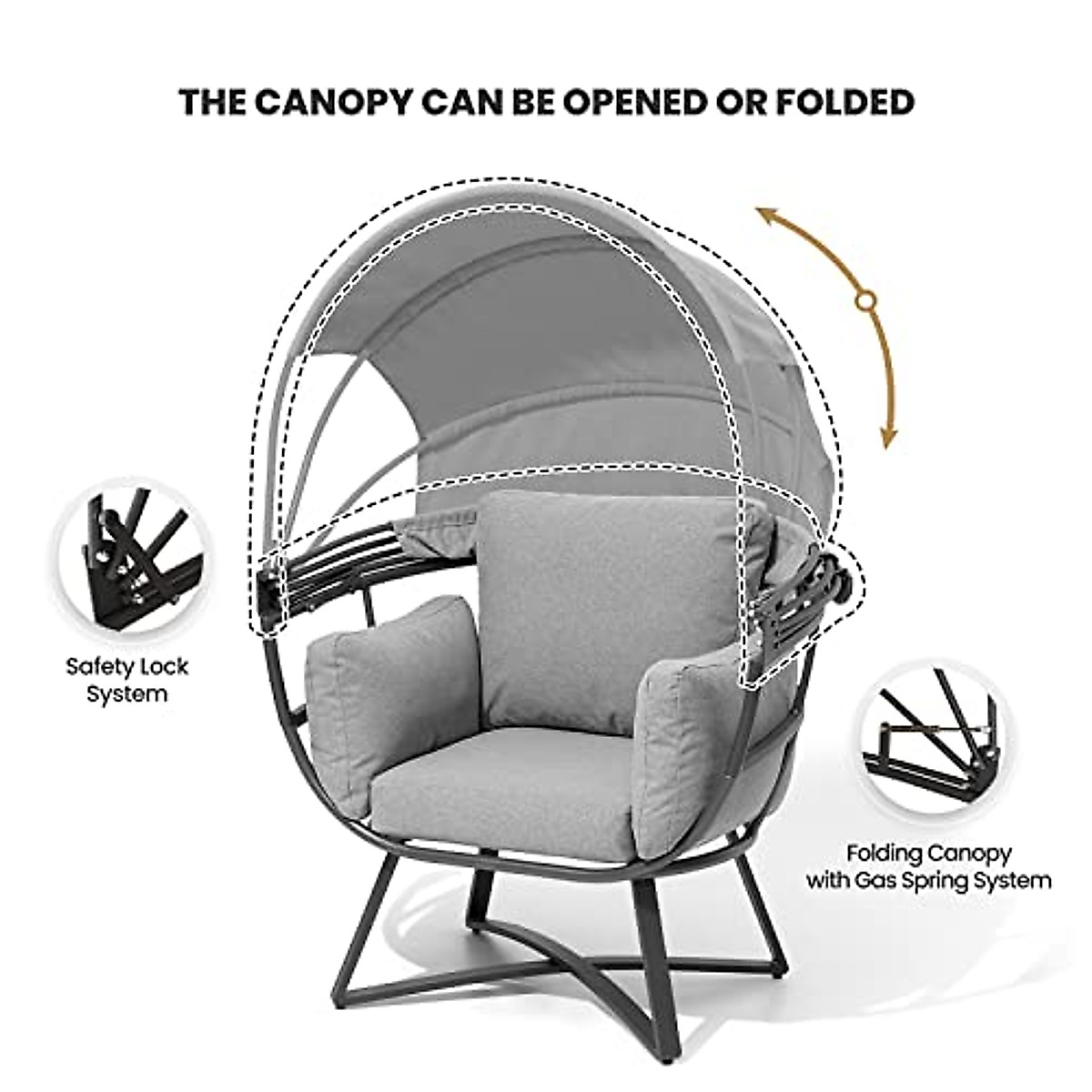 Crestlive Products Egg Chair, All Weather Aluminum Lounge Chair with Folding Canopy, Outdoor Indoor Chair with Cushion & Sun Shade Cover for Patio Living Room, 265lb Capacity (Black & Grey)