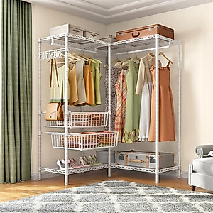VIPEK L9 L Shape Garment Rack Heavy Duty Clothing Rack with 4 Adjustable Shelves & Slid Baskets, Freestanding Clothes Rack Metal Wardrobe Closet Rack, 44.6"L x 39"W x 73.4"H, Max Load 700LBS, White