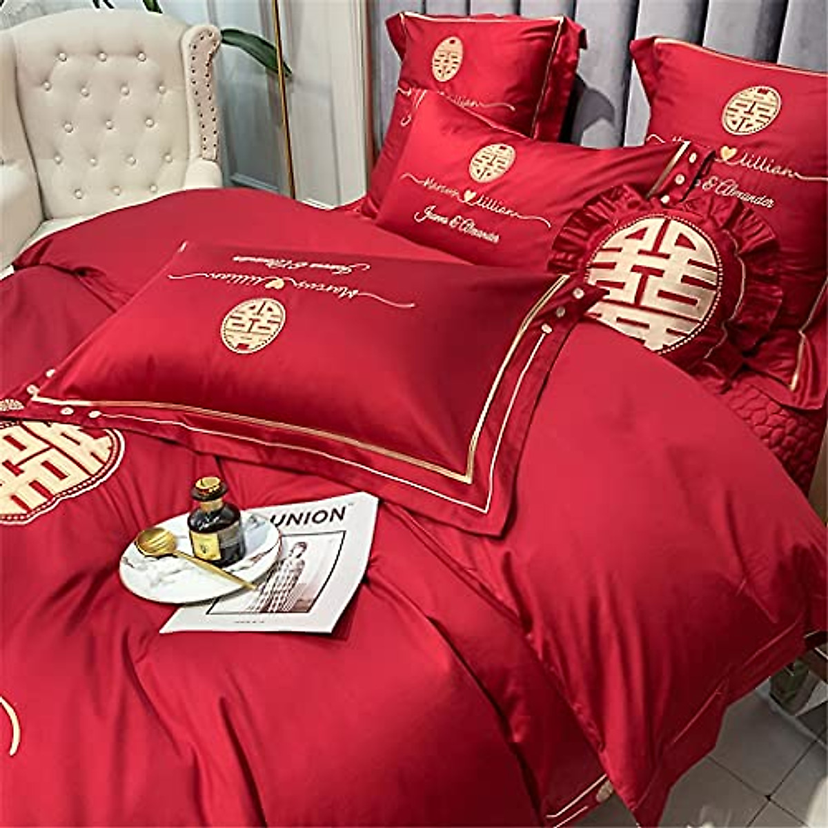 OQHAIR 60 Long-Staple Cotton Double Happiness Embroidered Four-Piece Set Red Cotton Duvet Cover Bed Cover Wedding Simple Bedding (Color : B 5-Piece Suit, Size : 1.5m) (A 6 Piece Suit)
