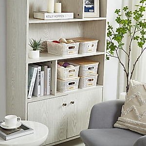 Bagnizer Small Plastic Storage Bins with Bamboo Lids 5.2qt Stackable Box Basket Pantry Decorative Containers Cute with Lable for Organizing Desktop Closet Office Cream White of 6 packs 10*7.2*4.1'’