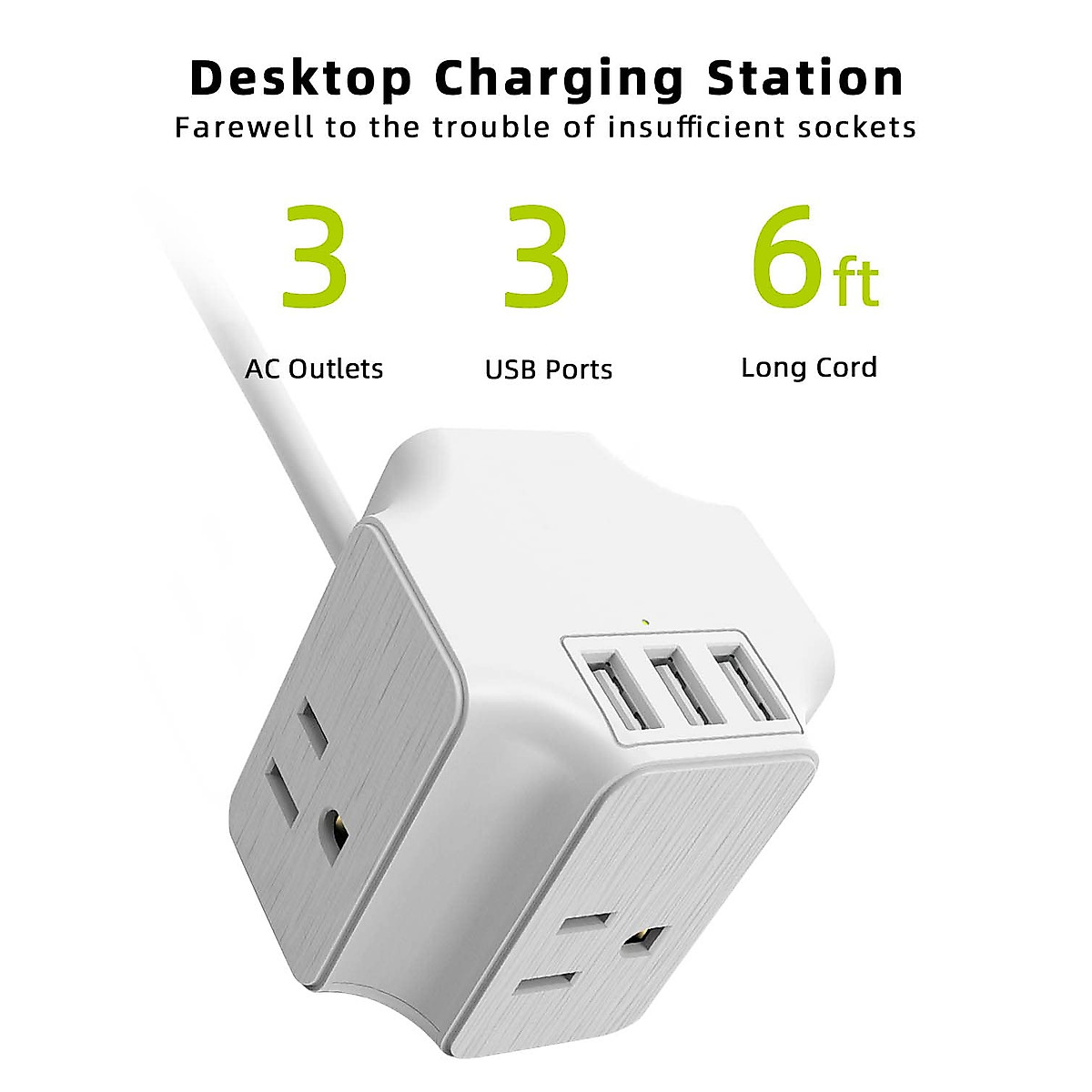 Travel Power Strip with USB Ports,3-Side Outlet Extender with 6 FT Extension Cord,Portable Power Strip for Travel, Office, Home, Hotels, Cruise Ship.White