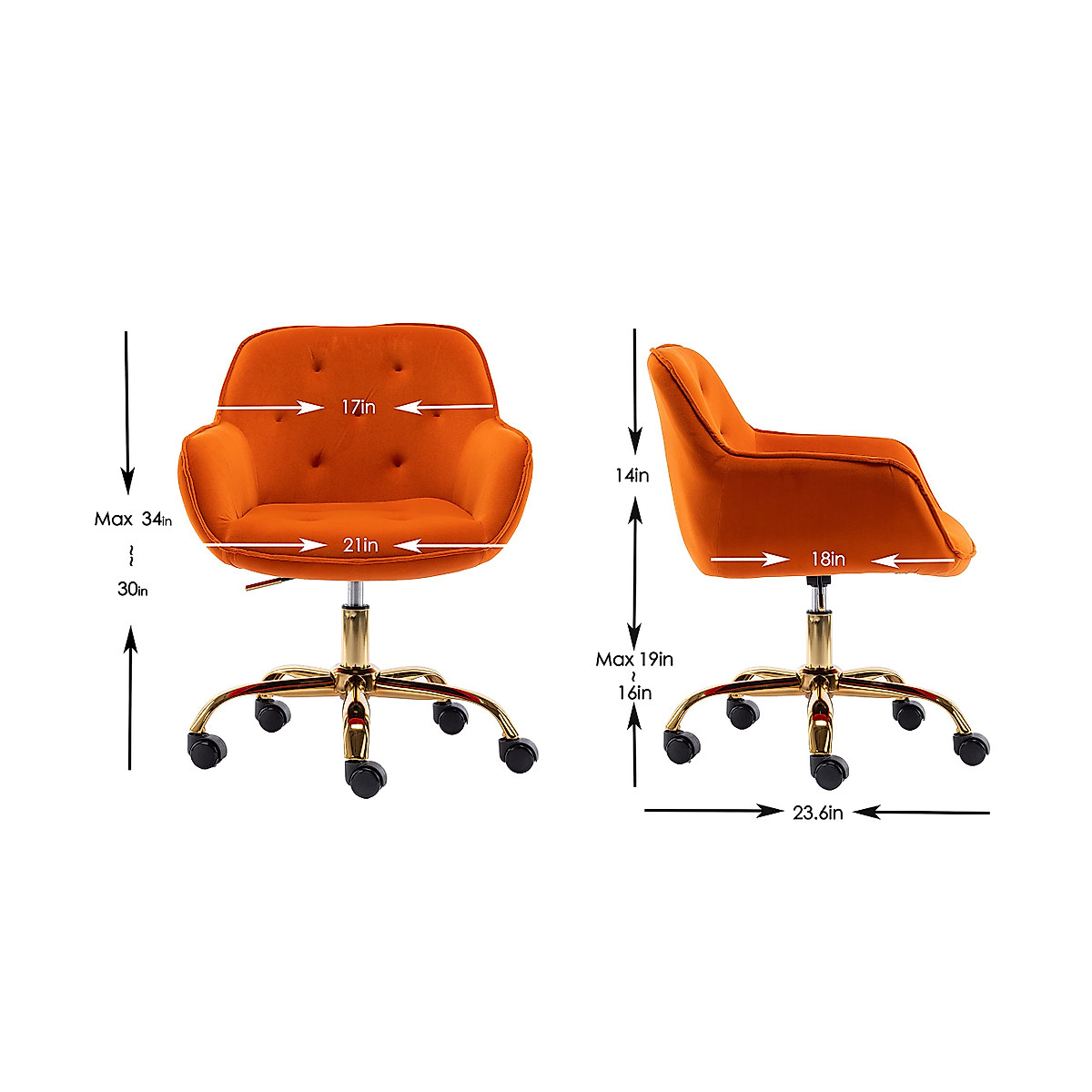 ZOBIDO Comfy Home Office Task Chair with Wheels, Cute Modern Upholstered Velvet Back Adjustable Swivel Vanity Desk Chair, for Women,for Girls, Living Room, Bedroom(Dark Orange)