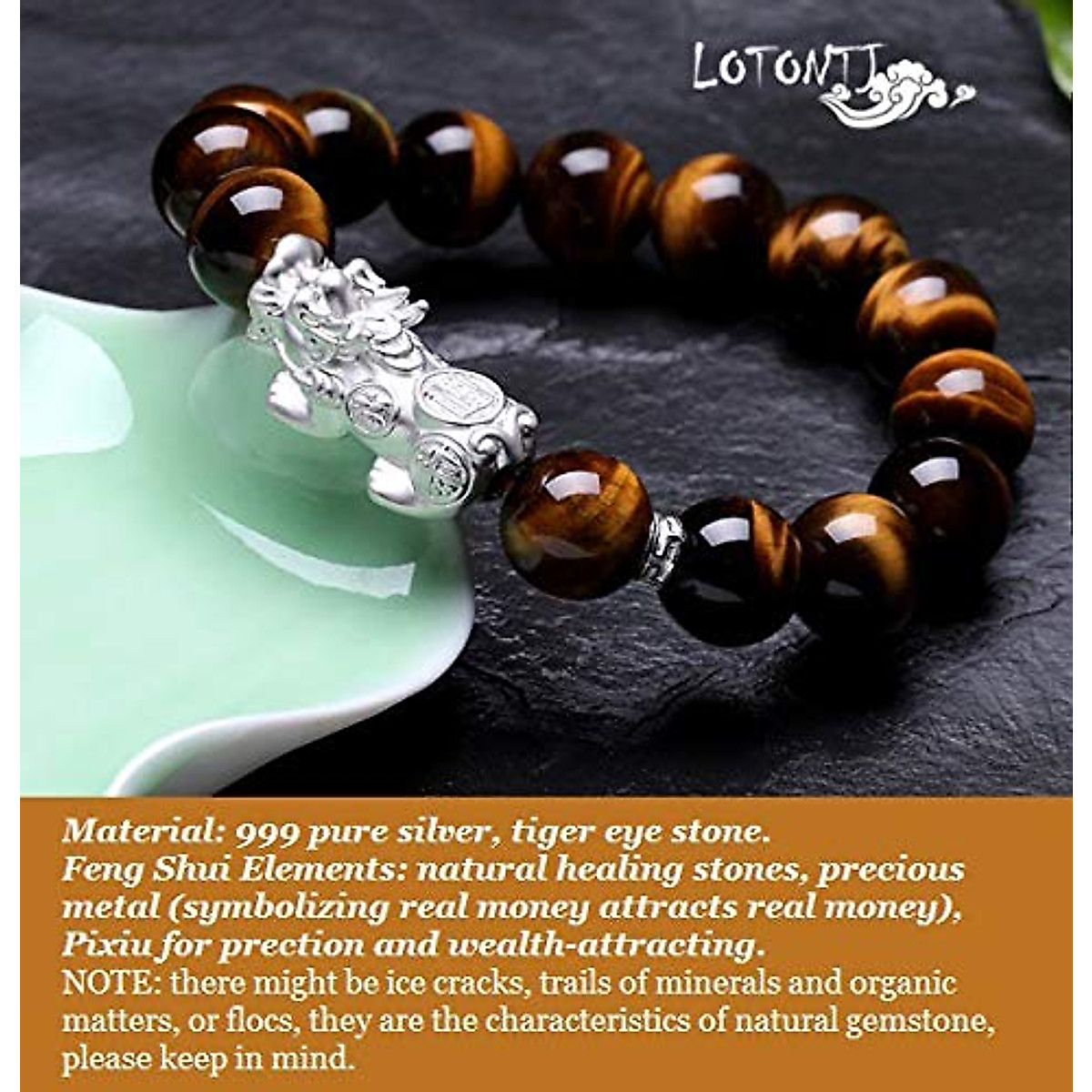 LOTONTJ Pixiu Bracelet Natural Tiger Eye Stone Tibetan Pure Silver Pi Yao Feng Shui Wealth Bracelet Healing Chakra Gemstone Evil Eyes Jewelry Crystal Amulet Attract Money Good Luck Windfall,12mm