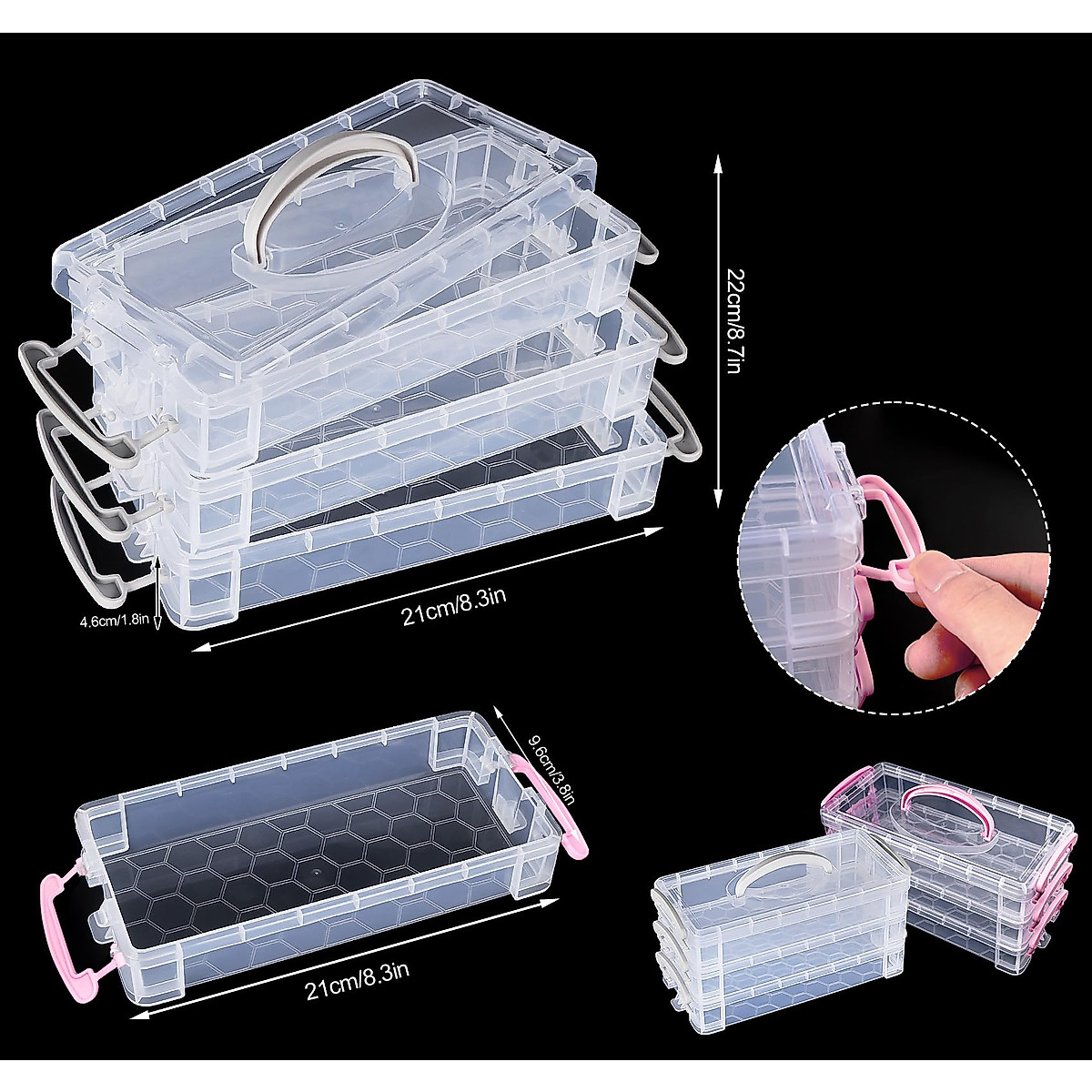Anstore Storage Bins with Lids, 2 x 3 Tier Stackable Clear Plastic Storage Bins, Storage Container with Handle for Home, Office Supplies and Craft organization and Storage(Pink&Grey)