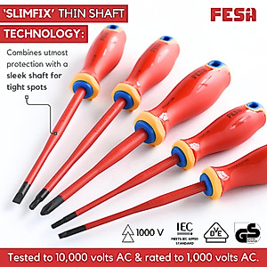 FESA Electrician Insulated Screwdriver Set - 1000V 11-Piece Professional Electrician Screwdriver Set with Magnetic S2 Steel Tips - Pozidriv, Phillips, Flathead or Slotted & Torx - Insulated Tools