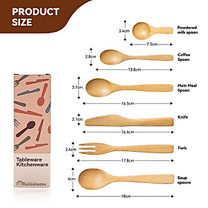 Wooden Spoon for Eating, Fork and Knife Set(6 pcs), Salad Spoon, Spreader Knife, serving spoon, Small Scoops for Canisters, Coffee Spoon, Portable Travel Tableware, Natural Wood Cutlery Set Reusable