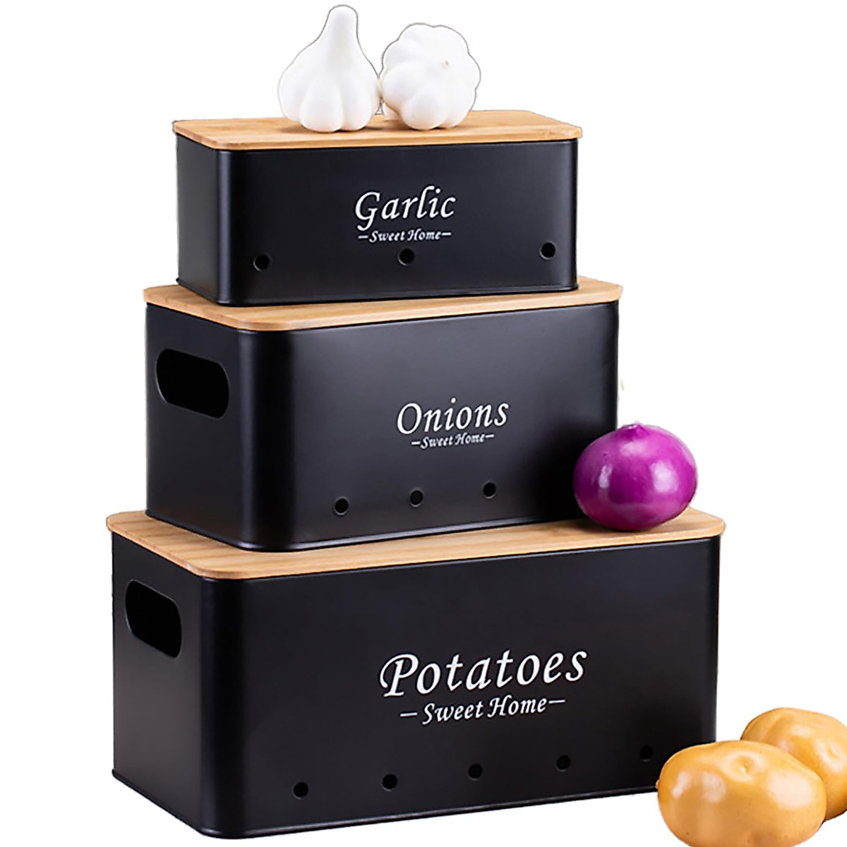 Simcat Kitchen Vegetable Storage Tins Set of 3, Potato Onion Garlic Kitchen Storage Canisters, Vegetable bin Keeper Containers with Aerating Holes and Wooden Lid (Black)
