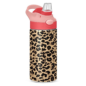 MCHIVER Leopard Print Kids Water Bottle with Straw Insulated Stainless Steel Kids Water Bottle Thermos for School Girls Boys Reusable Tumbler 12 oz / 350 ml Pink Top