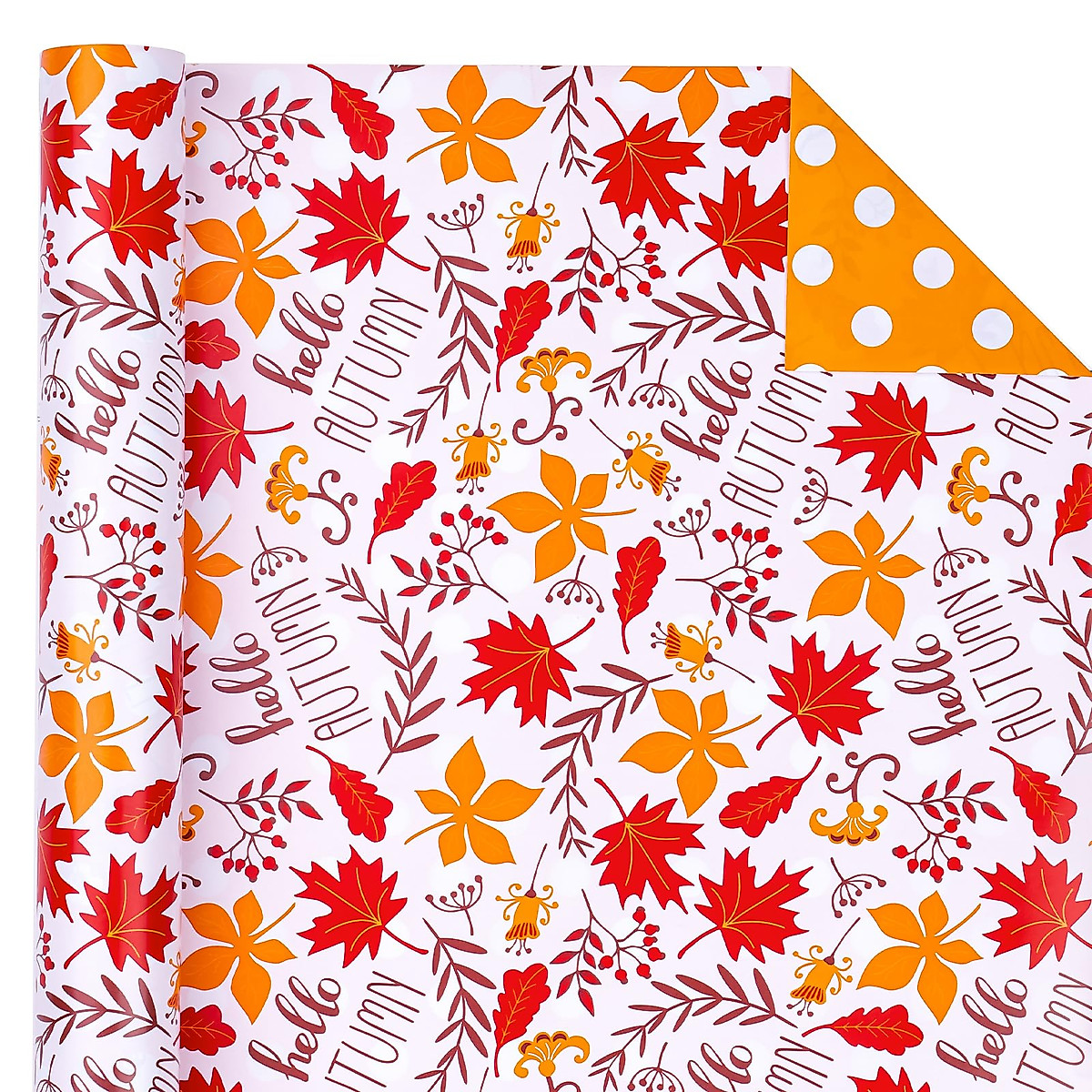 WRAPAHOLIC Reversible Autumn Wrapping Paper - Mini Roll - 17 Inch X 33 Feet - Maple Leaf and Orange Polka Dots Autumn Design for Fall Celebrating, Holiday, Party