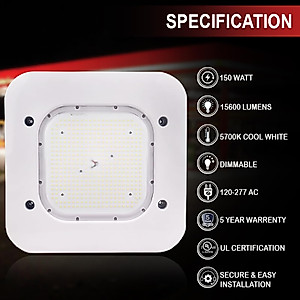 LEDMyplace 150W LED Canopy Light 5700K Cool White, 0-10V Dimmable, 15600 Lumens, IP65 Waterproof Industrial Outdoor Lighting, Commercial Garage Lights for Gas Stations, Underpasses, Parking, Carports