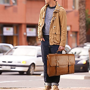 Leather Mens Messenger Bag Vintage 15.6 Inch Waterproof Leather Laptop Briefcase Large Satchel Shoulder Bag Retro Office College Computer Laptop Bag with Leather Padfolio, Brown