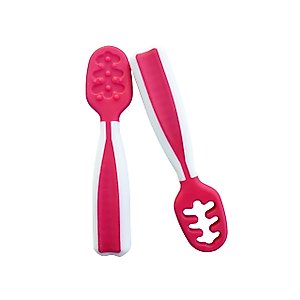 Baby Spoons, Feeding Littles, Silicone Pre-Spoon for Kids Aged 6+ Months - First and Second Stage Spoons, Baby Led Weaning, Teething Spoons, Infant Feeding - Toddler Utensils - 2 Spoons, (Pink/White)