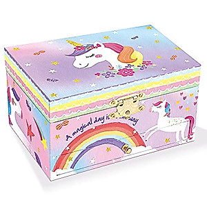 Girls Unicorn Musical Jewelry Box with Unicorn Charm Bracelet, Glitter Star and Rainbow Design, Unicorn Gifts for Girls Ages 3+