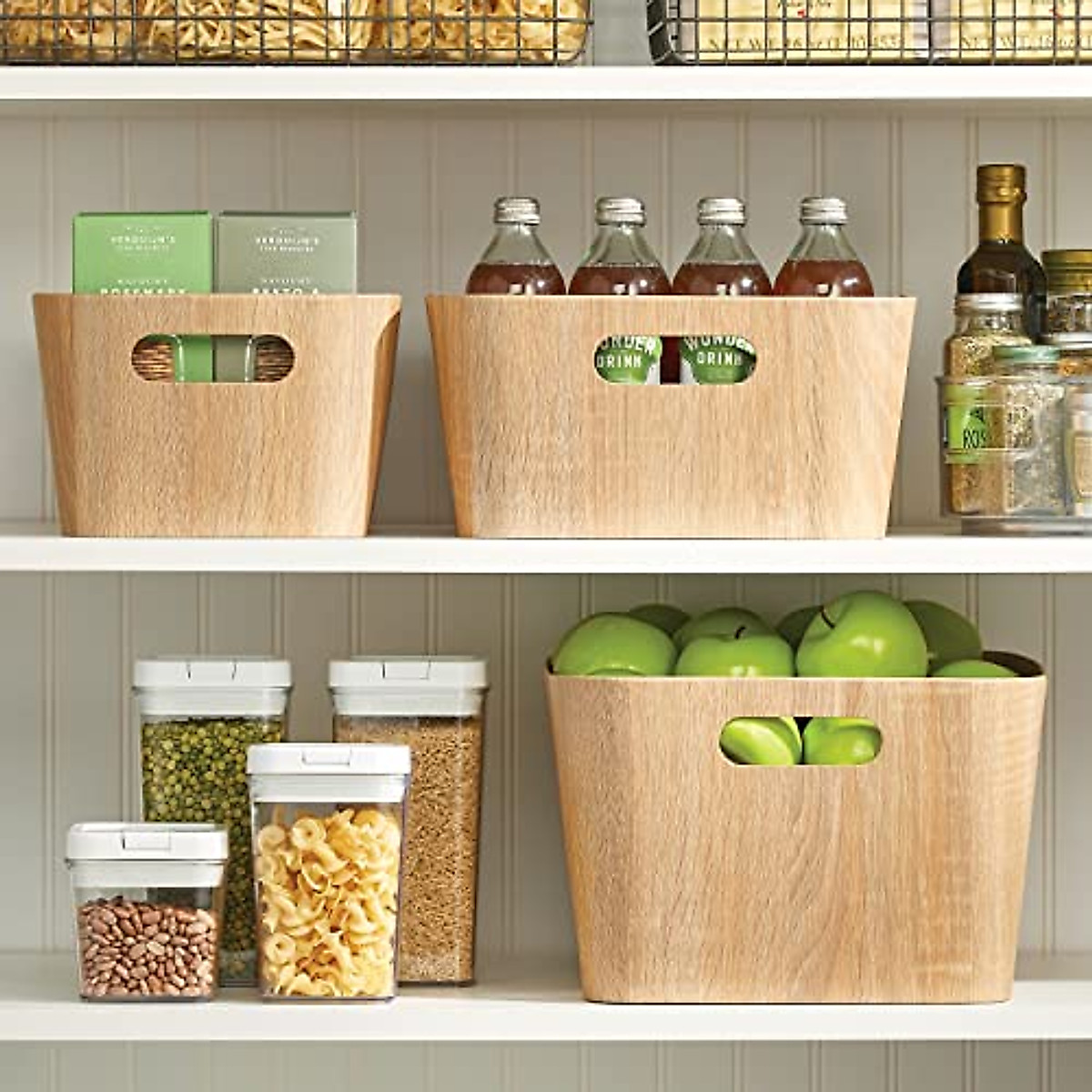 mDesign Wood Print Food Bin Box with Handles - Rustic Basket for Kitchen and Pantry Vegetable and Potato Storage - Perfect for Garlic, Onions, Fruit, and More - 12" Long - 2 Pack - Natural