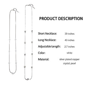 Silver Layered Long Necklace for Women Pearl Crystal Sweater Strand Chain Necklaces Fashion Gifts(White)