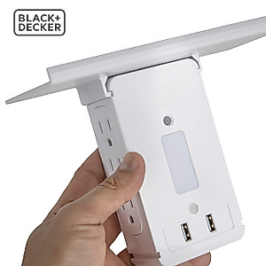 Black+Decker Surge Protector Outlet Shelf with Night Light, 6 Grounded Outlets, 2 USB, 100 Lumen