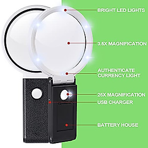 Magnifying Glass with Light, DEYUE 3.5X 25X High Magnification with LED Illuminated, Handheld or Stand Magnifying Glass for Reading, Inspection