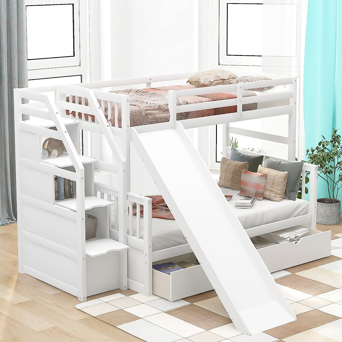 Twin Over Full Bunk Bed with Stairs and Slide, Solid Wood Bunk Bed Frame with Storage Drawers for Kids Girls Boys (White)