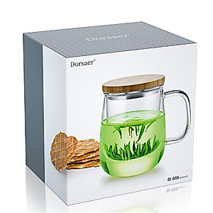 Dorsaer Glass Tea Mugs - 16.9oz Glass Tea Cup with Infuser and Lid for Tea Steeping at Home and Office. Larger Glass Tea Cups, Clear Glass Tea mugs with infuser and lid