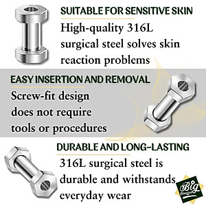 BIG GAUGES Pair of Surgical Steel 6gauges 4 mm hexagon screw flesh Tunnels Piercing Jewelry Ear Earring Lobe Stretcher Plugs BG3863
