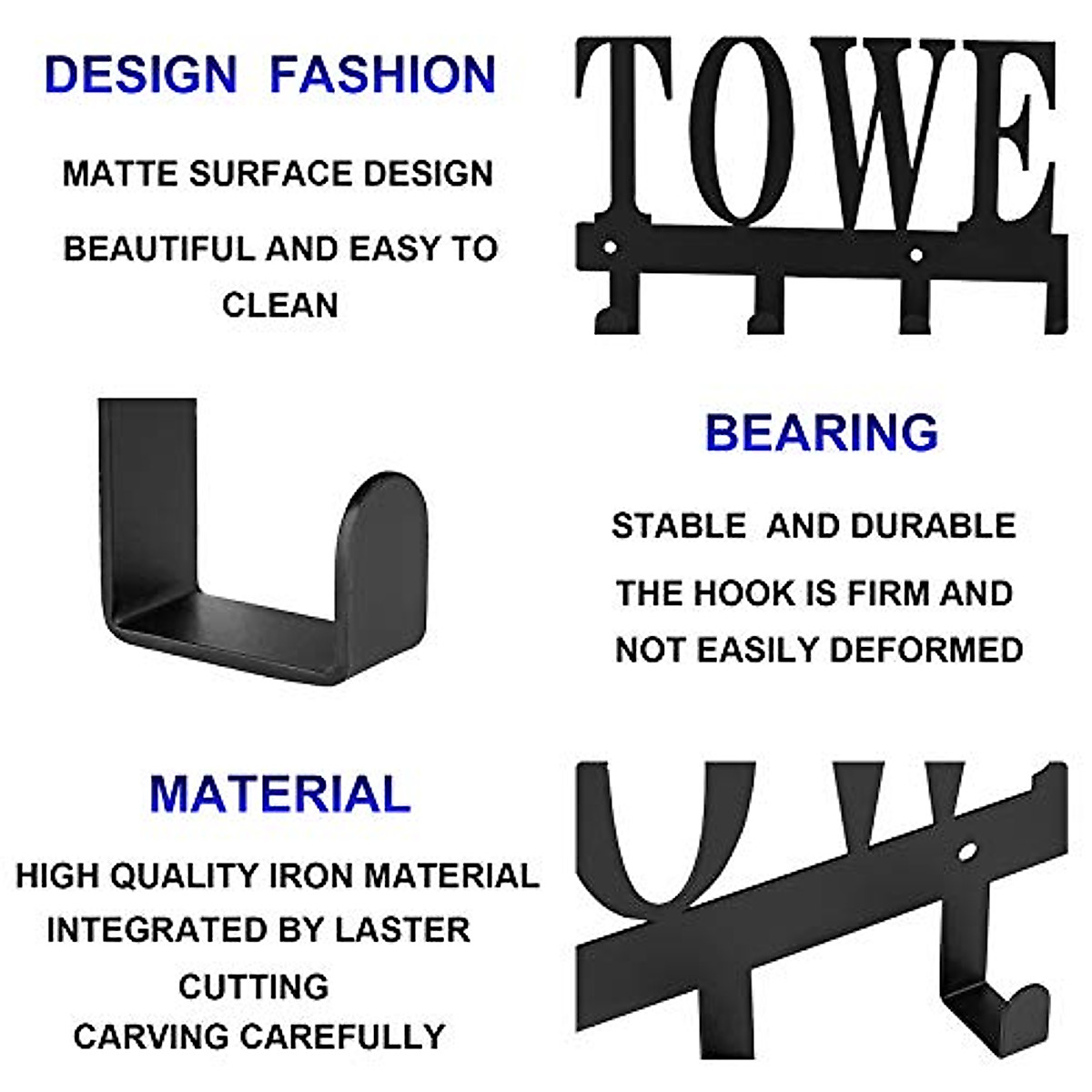 Towel Holder 5 Hooks for Bathroom, Towel Racks, Towel Hooks for Bathroom, Bedroom, Kitchen, Pool, Beach Towels, Bathrobe, Clothing, Metal Sandblasted Wall Mount Rustproof and Waterproof (Black01)