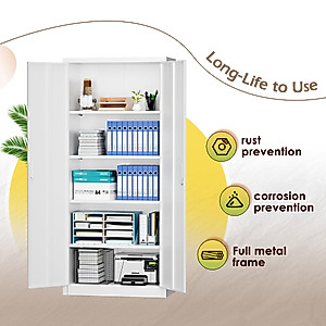 LOCENHU Metal Storage Cabinet with 2 Doors and 4 Adjustable Shelves - 71" Locking File Cabinet,Locking Tool Cabinet for Office,Home,Garage,Gym,School (White),Requires Installation