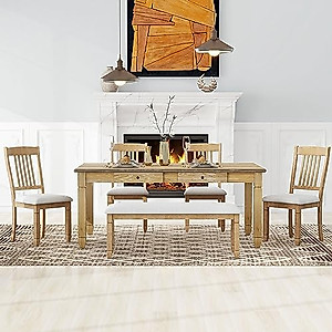 72'L Rectangular Dining Table Set for 6, Wooden Kitchen Table Set with 4 Drawers, 4 Upholstered Chairs & 1 Bench 6-Piece Retro Dining Room Table Set Kitchen Furniture Set for Family, Natural Wood Wash