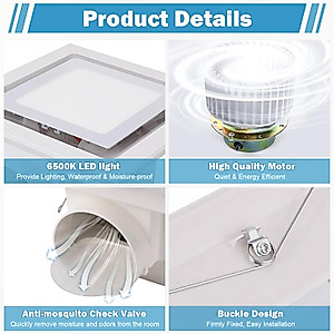 Bathroom Exhaust Fan with LED Light Ceiling Mount Ventilation Fan, 110 CFM 1.0 Sones 4 Inch Duct, Quiet Square Bathroom Fan Light Combo