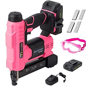 BHTOP 20V Cordless Brad Nailer＆Stapler, 18 Gauge 2 in 1 Stapler Kit, Heavy Finish Nail Gun with 2.0A Rechargeable Battery, Charger, 2500 Brad Nails and 500 Staples in Pink
