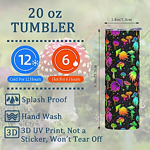 Srucddu 20oz Insulated Tumbler With Lid And Straw, 3D Print Vacuum Travel Mug, Stainless Steel Coffee Tumbler Cup, Mushroom Tumbler for Women, Girl Gifts