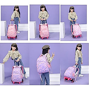 Stripe Rolling Trolley Bag Wheeled Backpack for Girls Primary Geometric Schoolbag Elementary Bookbag (Purple Pink)