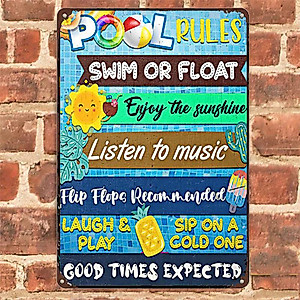 Pool Rules Swim Or Float Enjoy The Sunshine Funny Metal Tin Sign 12x16 Inch for Home Swimming Pool River Beach Farmhouse Garden Outdoor Funny Wall Decor