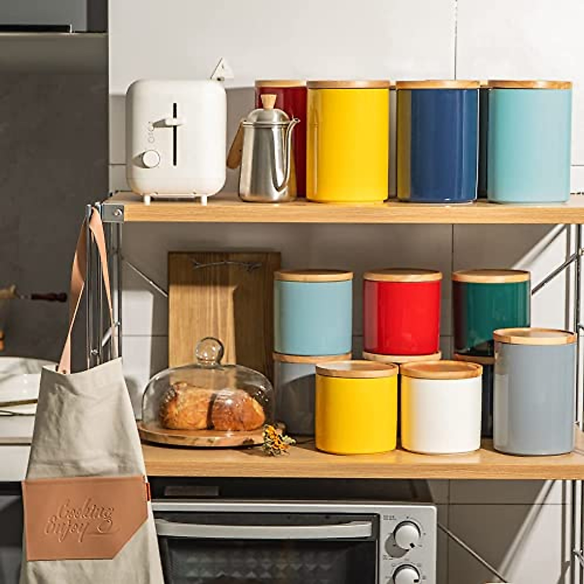 Sweejar Kitchen Canisters Ceramic Food Storage Jar Set, Stackable Containers with Airtight Seal Wooden Lid for Serving Ground Coffee, Tea, Herbs, Grains, Sugar, Salt - Set of 4 (White)