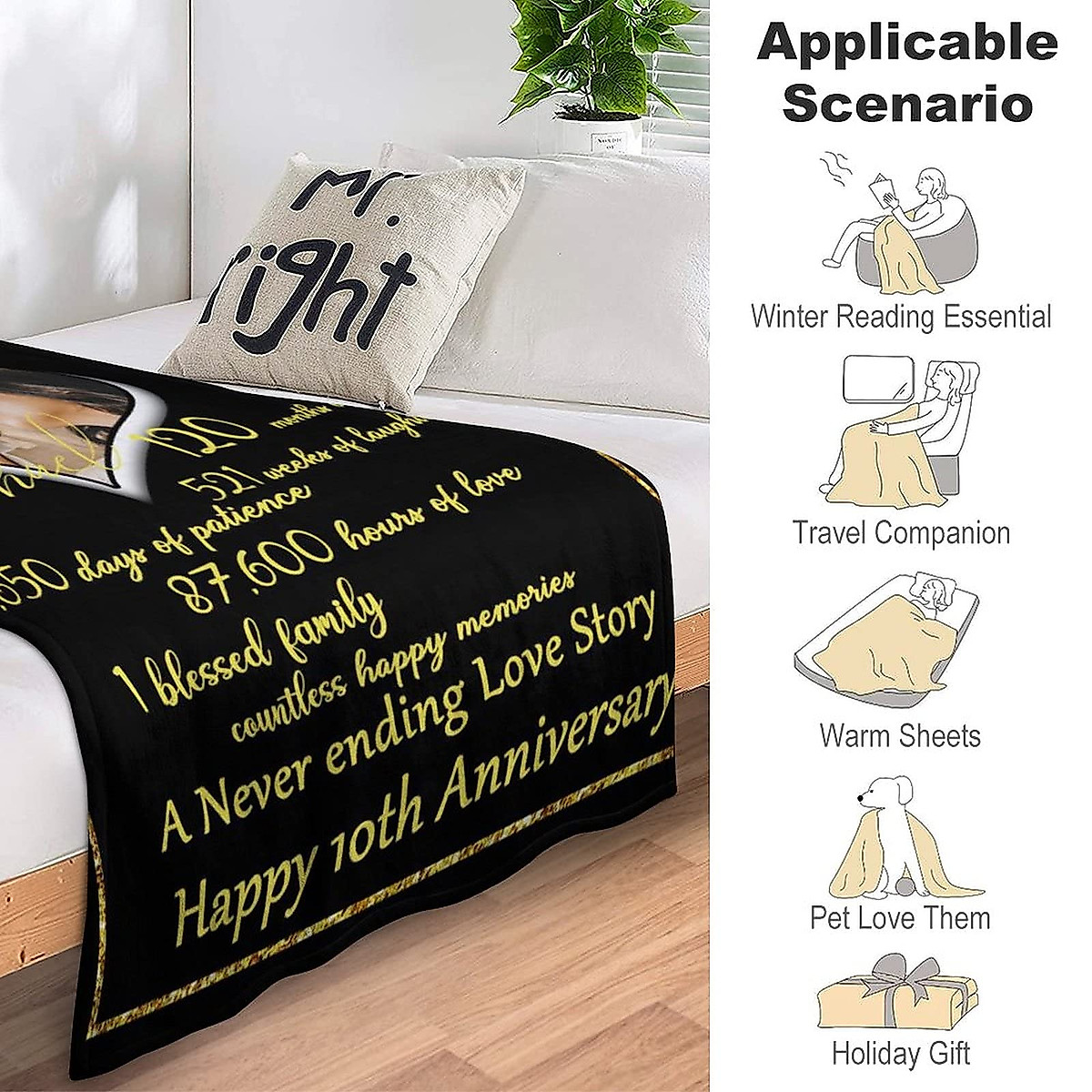 Personalized Anniversary Throw Blanket, 10 Year Anniversary Wedding Gifts for Couple Parents, Customized Soft Warm Lightweight Flannel Fleece Blanket, Couples Blanket Full Size for Valentine Birthday