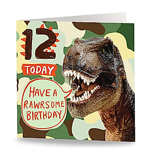 Maturi '12 Today. Have A Rawrsome Birthday' Dinosaur Greetings Card - Blank Inside, 6” x 6” Square